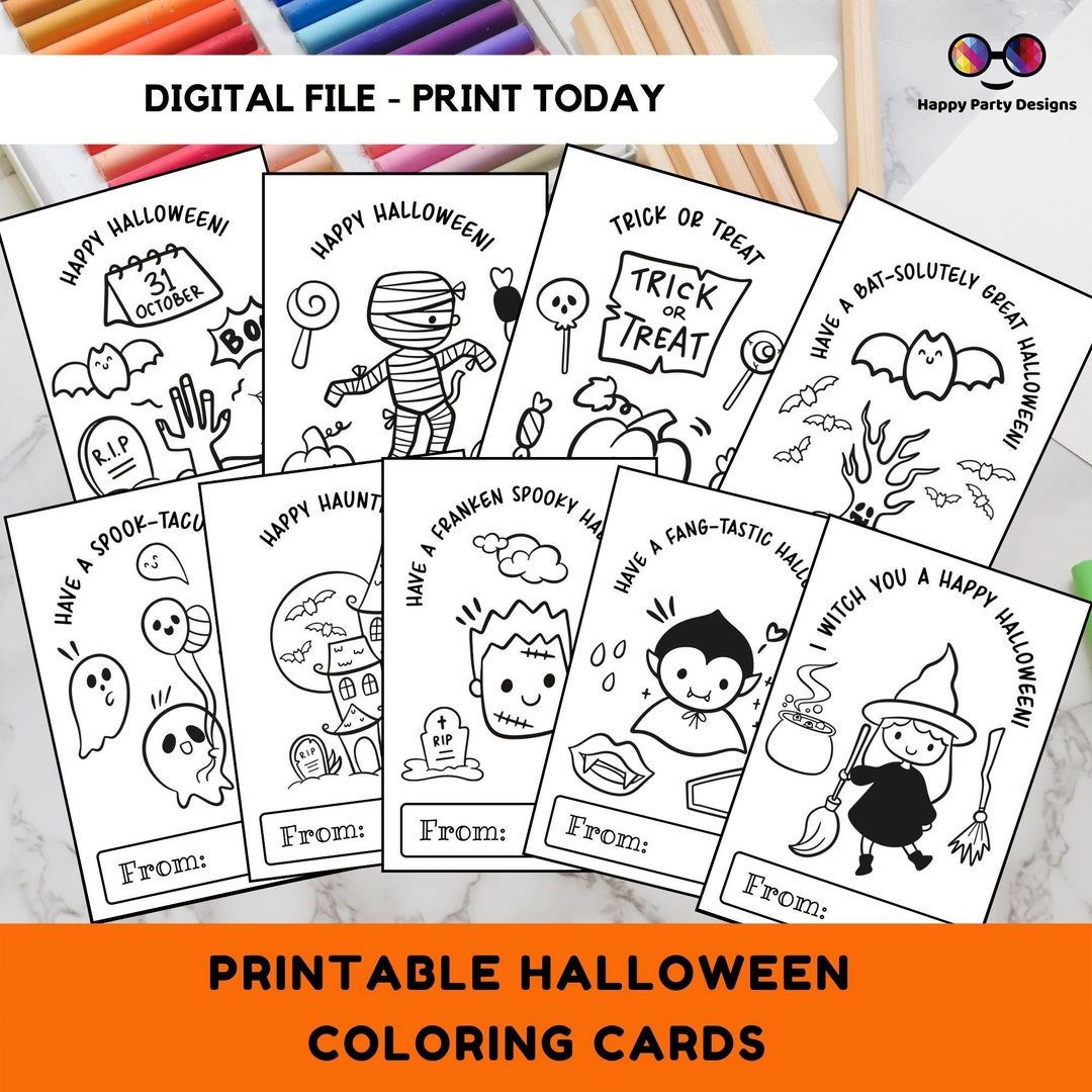 Halloween Printable Coloring Cards INSTANT DOWNLOAD Set of 9 | for Kids ...