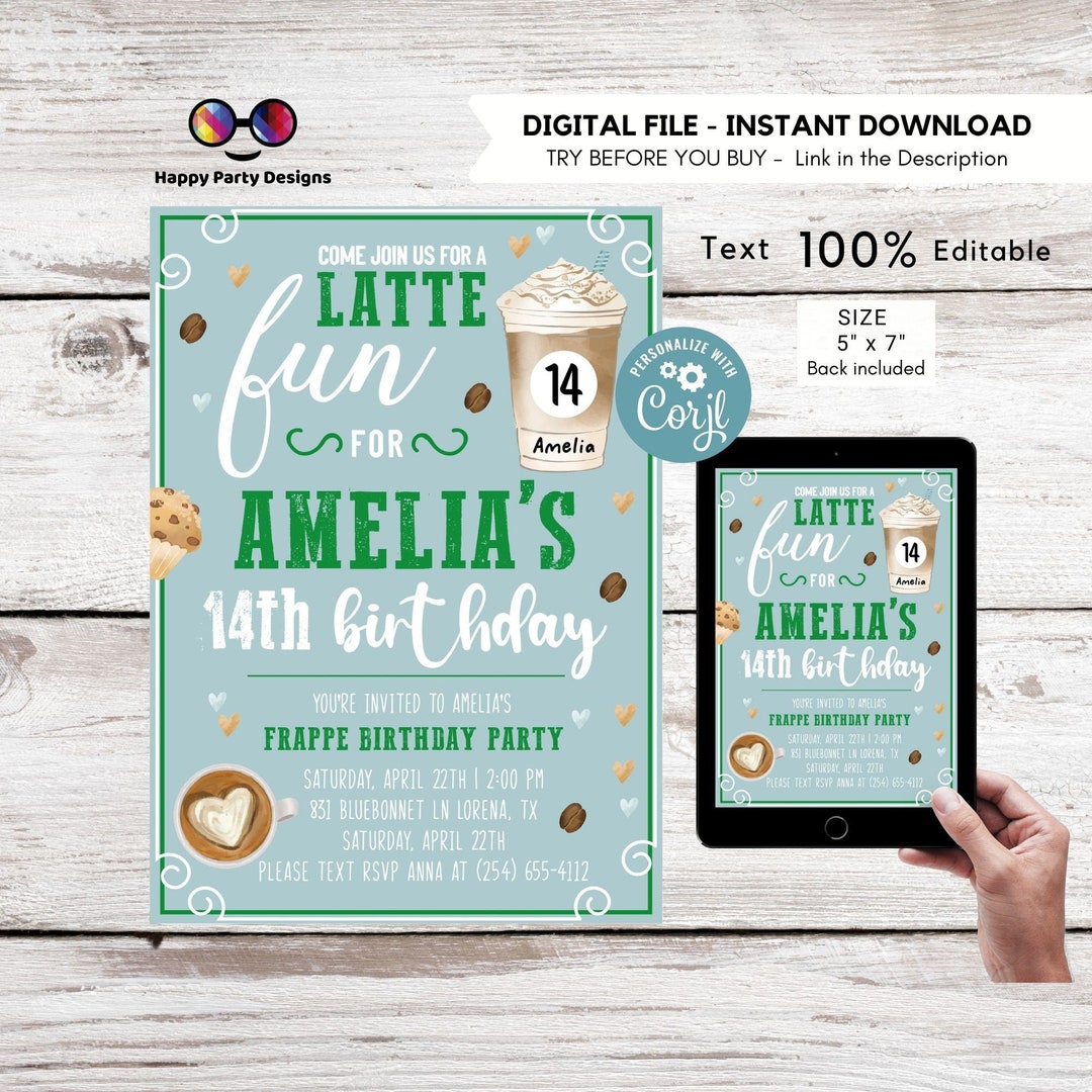 Editable Latte Party Birthday Invitation Coffee Invite Latte Party