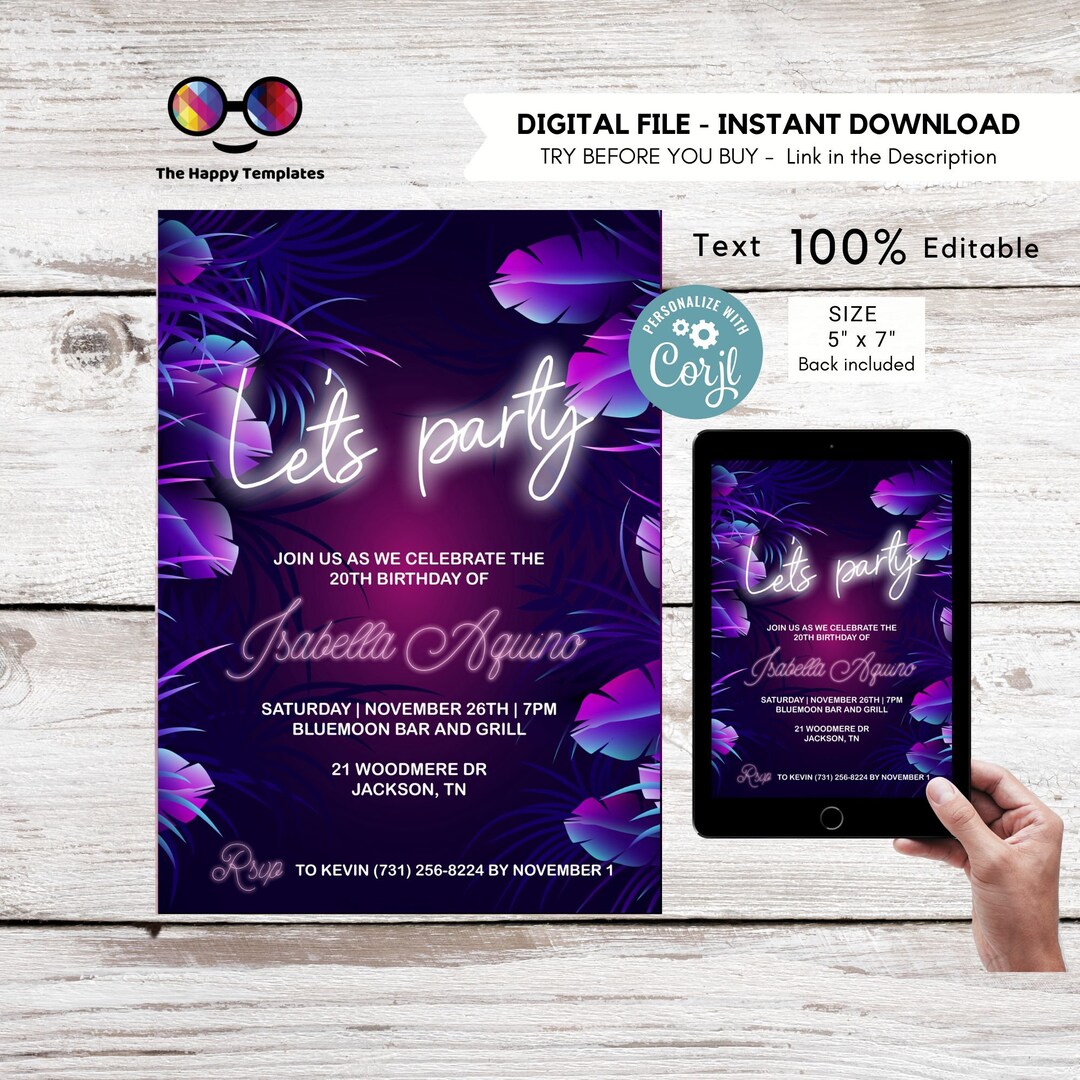 EDITABLE Tropical Neon Party Birthday Invitation | Neon Lights | Let's ...