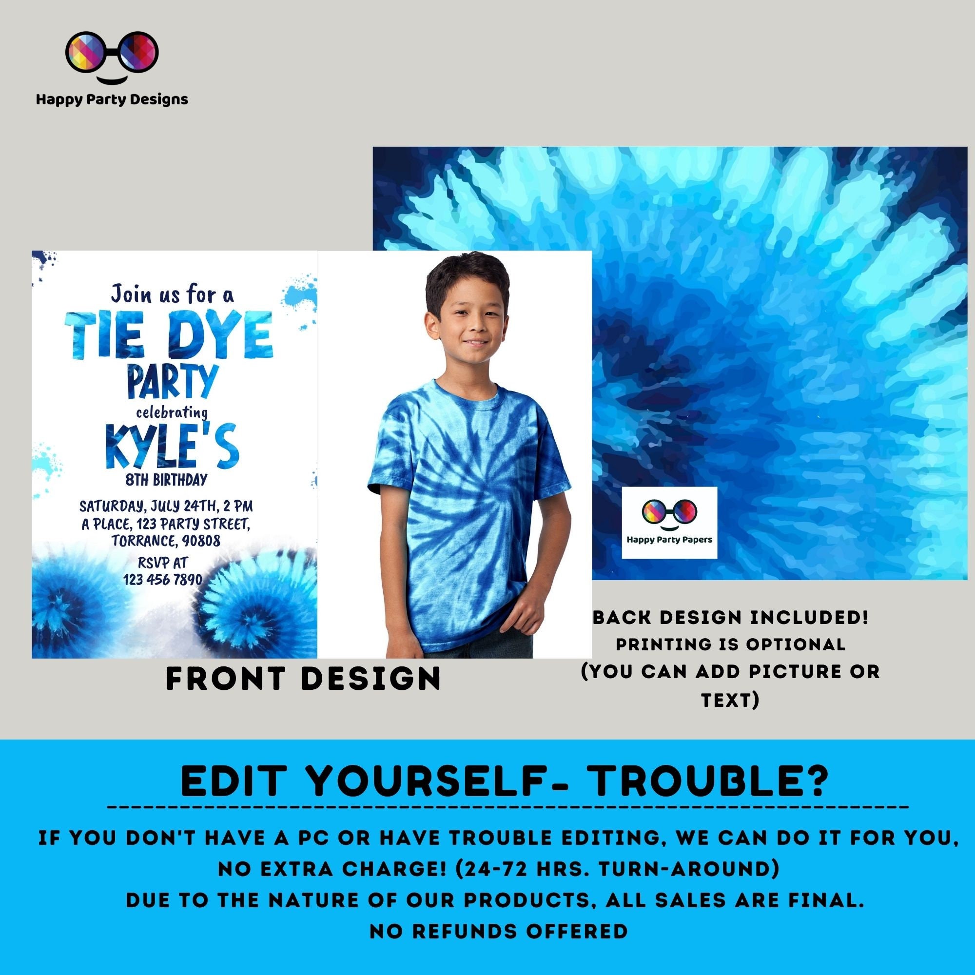 Editable Tie Dye Invitation Instant Download | Blue Tie Dye Birthday ...