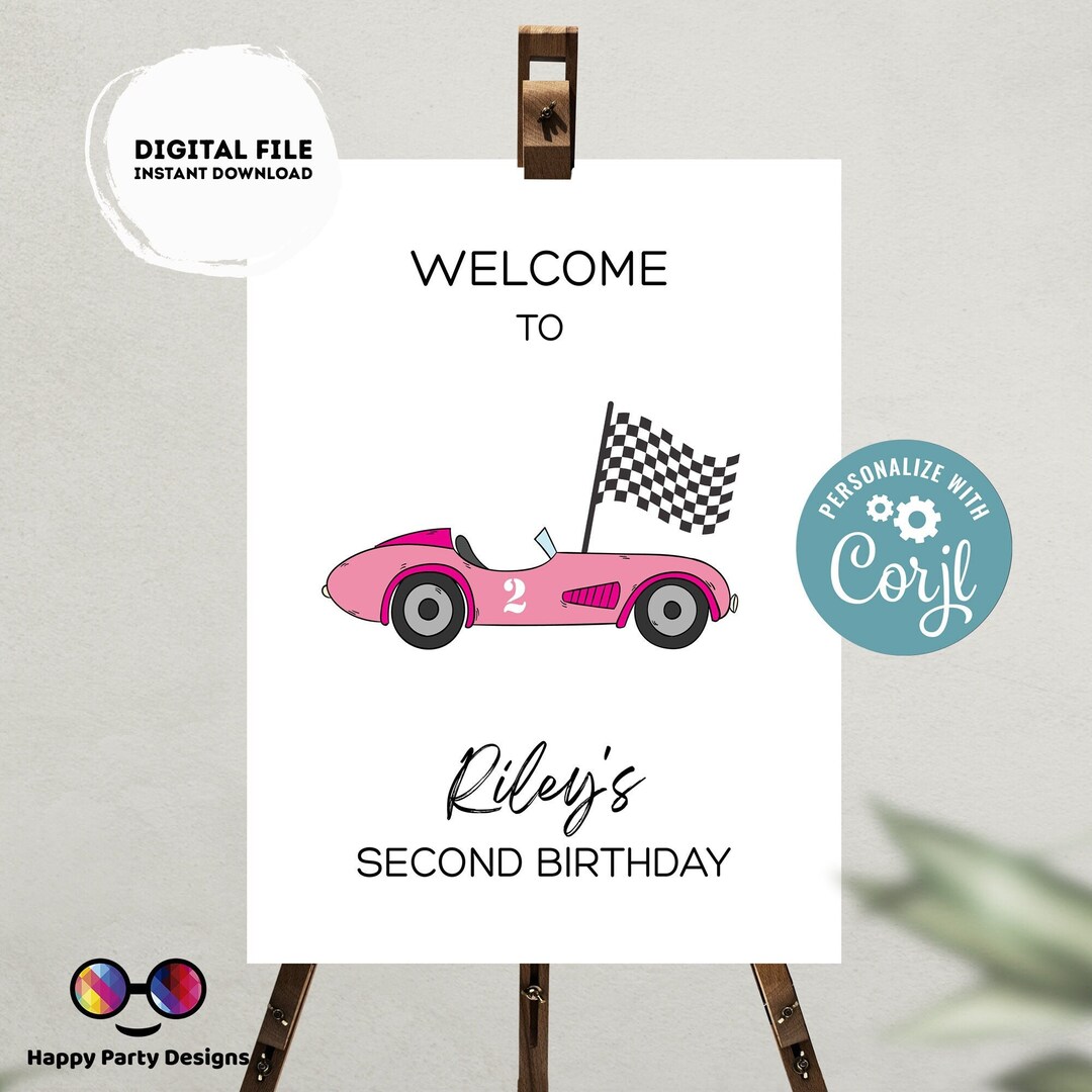 Editable Welcome Sign | Racing Pink Car Birthday | Racing Birthday ...