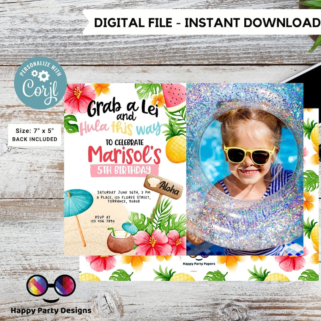 Editable Grab a Lei and Hula This Way Invitation Template With Photo ...