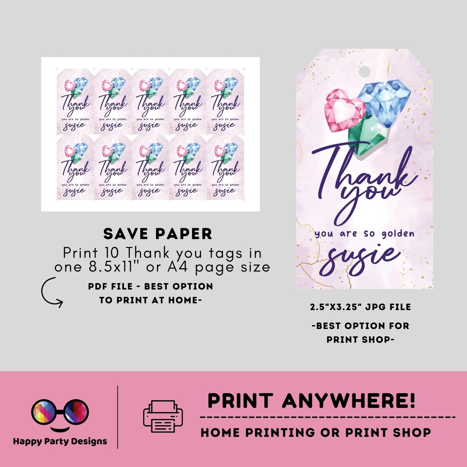 EDITABLE Let's Rock Gem Thank You Tags Printable Girl - Etsy