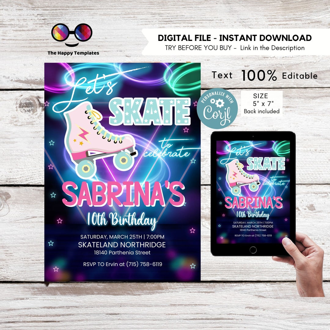 Editable Neon Roller Skating Invitation | Let's Roll Birthday Girl ...