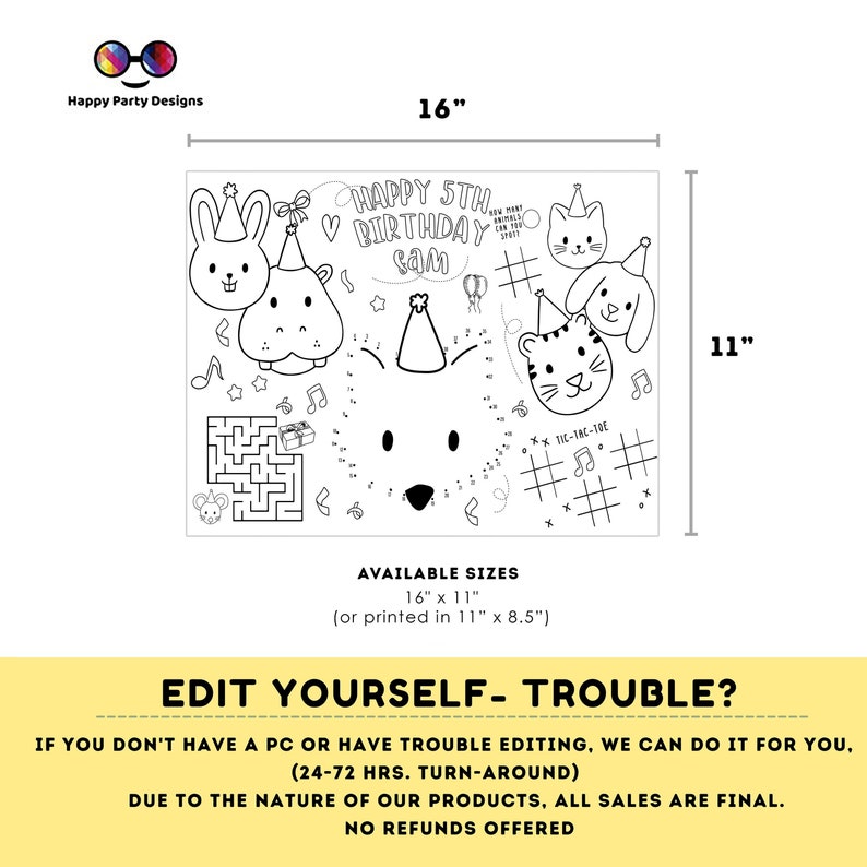 Editable Party Animals Coloring Page | First Birthday | Any Age | Party ...