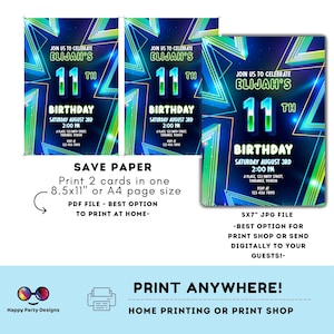 EDITABLE Boy 11th Birthday Invitation | Neon Glow in the Dark Party | Birthday Boy | 11th Neon ...