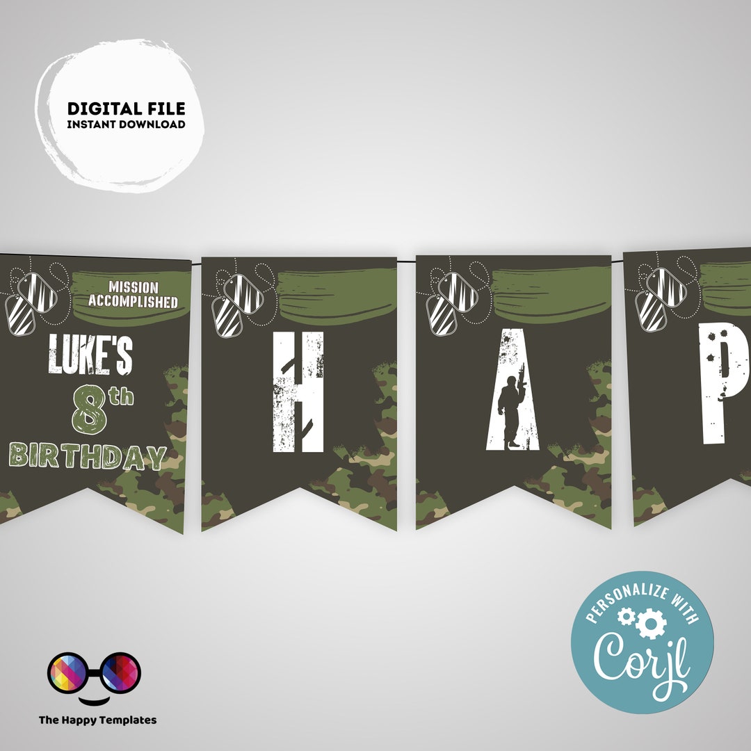 Kids Editable Army Happy Birthday Banner | Printable Birthday Banner ...