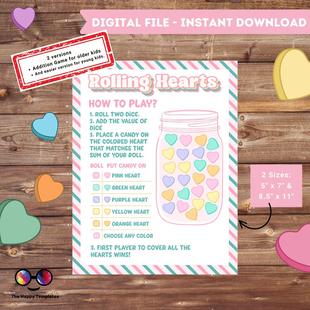 Rolling Hearts Valentines Printable Game | Valentines Day Candy Dice ...