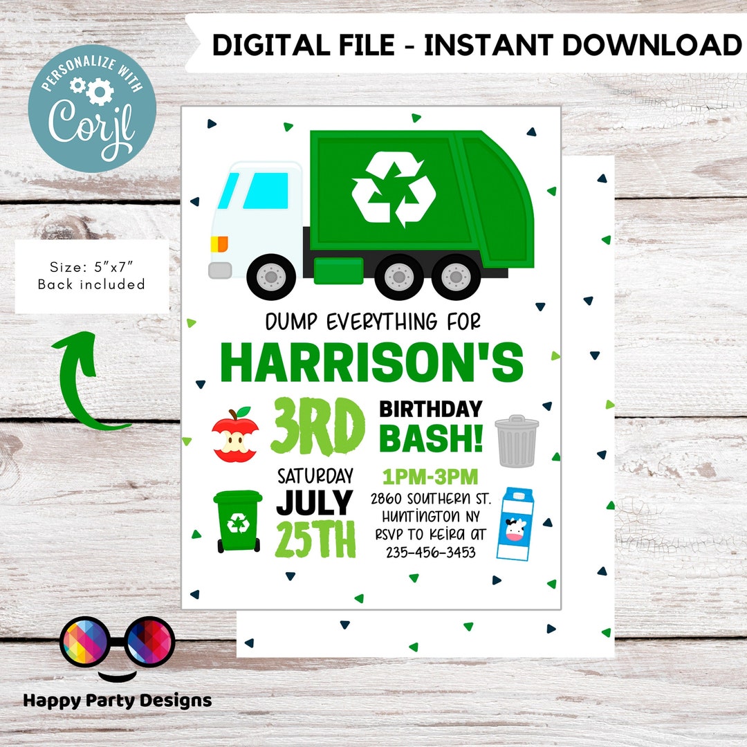 Garbage Truck Invitation | Recycling Birthday Invites | Boy | Any Age ...