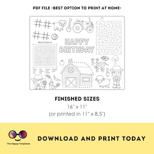 Farm Kids Activity Coloring Page | Farm Birthday Placemat | Instant ...