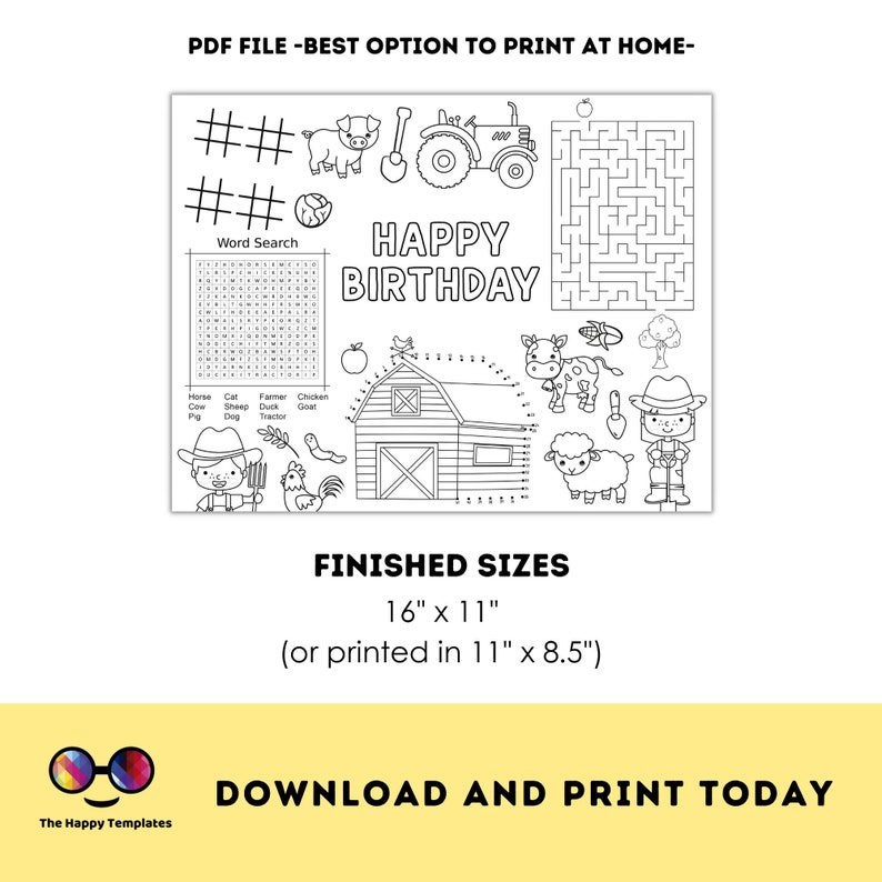 Farm Kids Activity Coloring Page | Farm Birthday Placemat | Instant ...