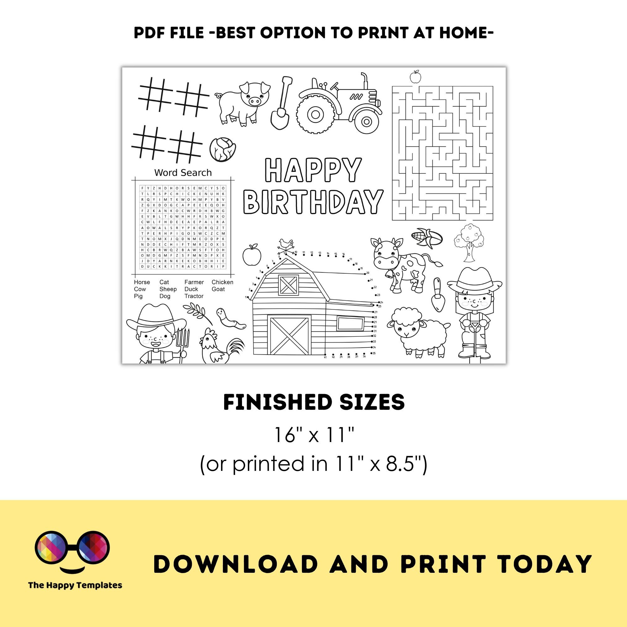 Farm Kids Activity Coloring Page | Farm Birthday Placemat | Instant ...