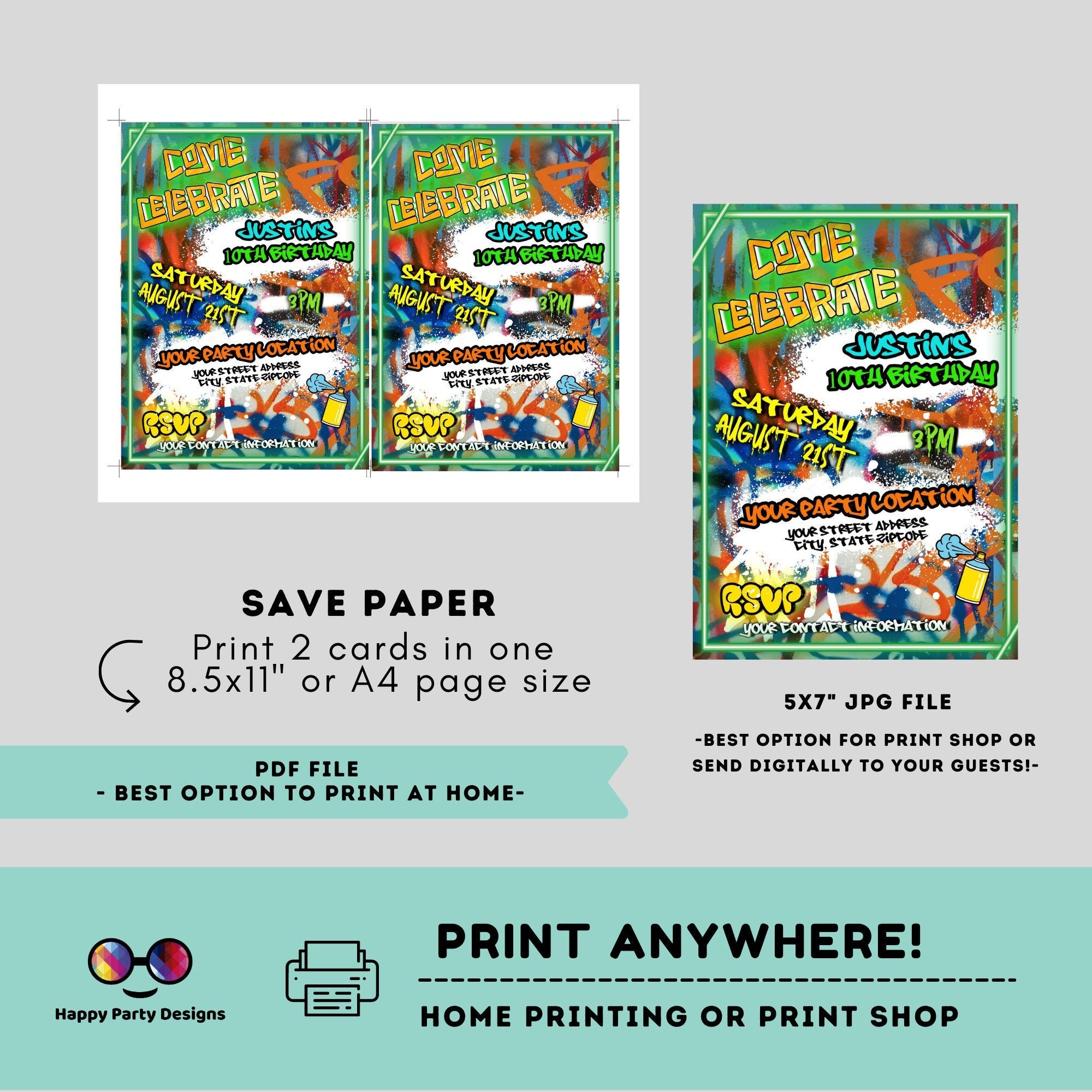 Editable Neon Graffiti Invitation | Digital Graffiti Printable Invite ...
