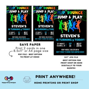 EDITABLE Flip, Bounce, Jump & Play Trampoline Park Birthday Invitation ...
