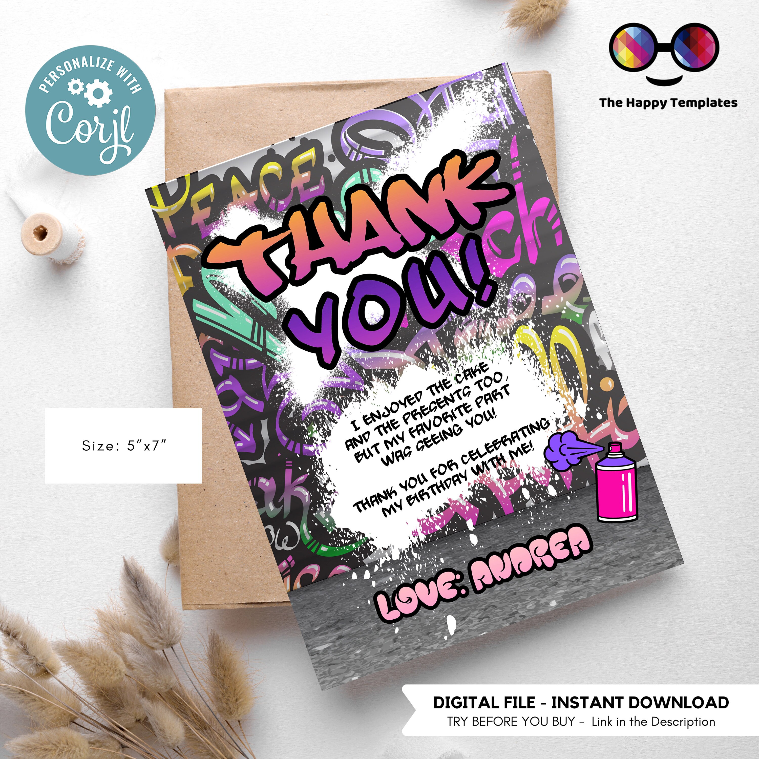 Editable Graffiti Birthday Thank You Card Template | Printable Graffiti ...