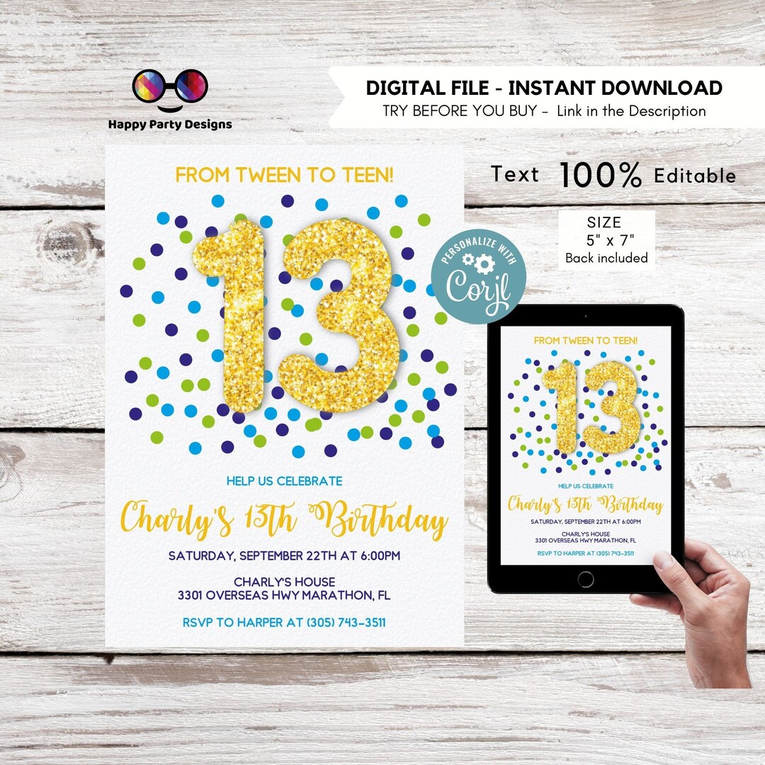 EDITABLE From Tween to Teen Birthday Invitation | Golden Glitter Party ...