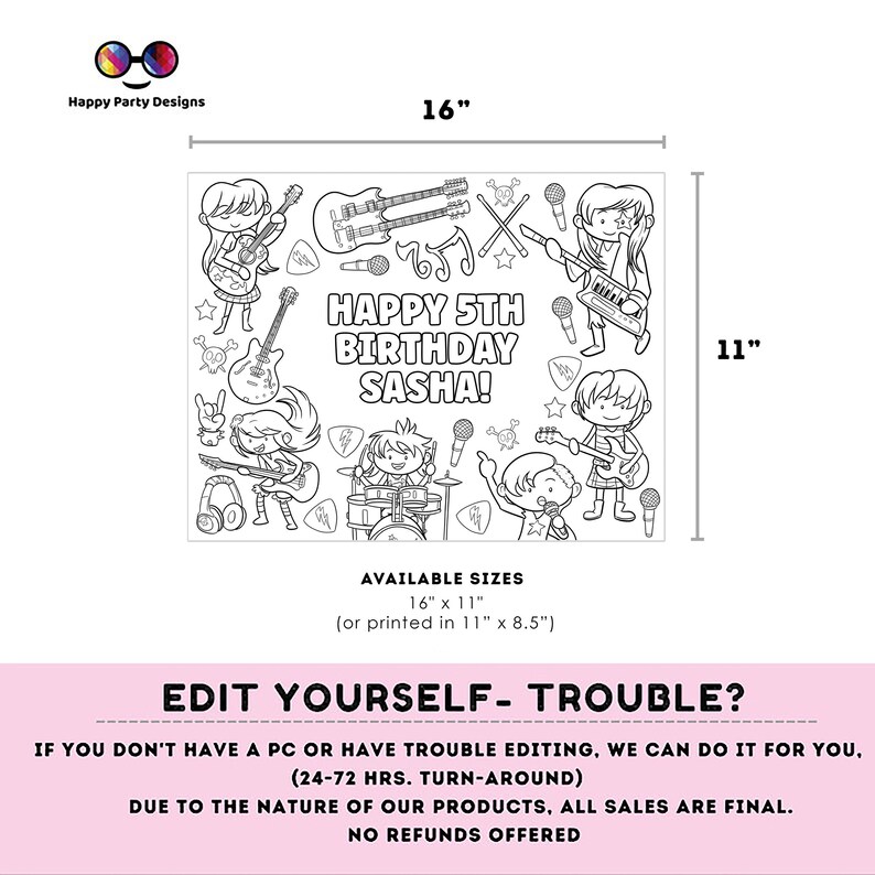 Editable Rockstar Birthday Coloring Page placemat Coloring - Etsy