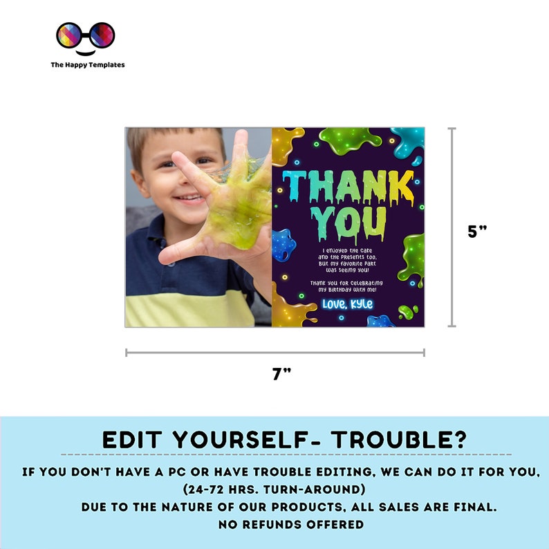 Slime Thank You Card With Photo Slime Party Birthday Boy - Etsy
