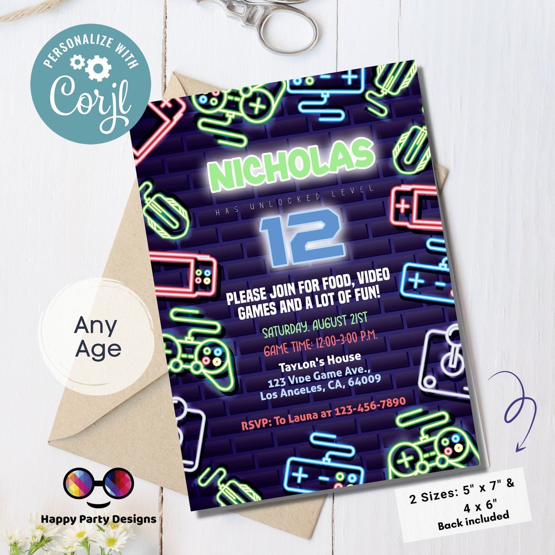 Editable Videogame Invitation | Digital Neon Video Gamer Printable ...