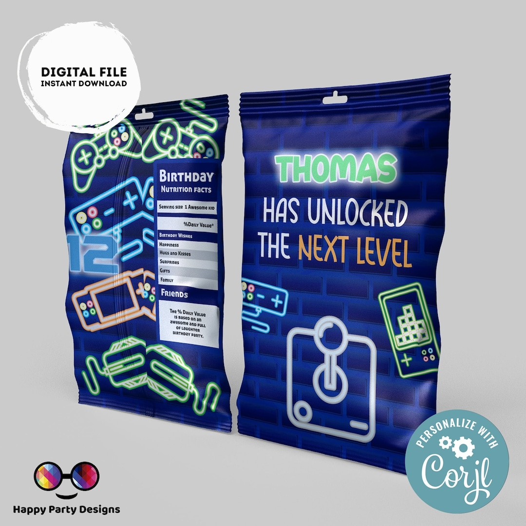 Editable Video Gamer Chip Bag | Digital Neon Video Gamer Printable Chip ...