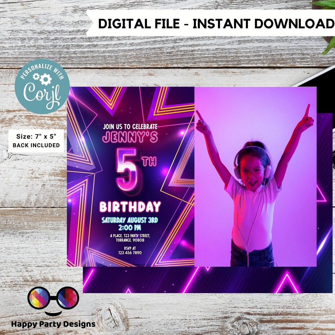 EDITABLE Girl 5th Birthday Invitation With Photo | Neon Glow in the ...