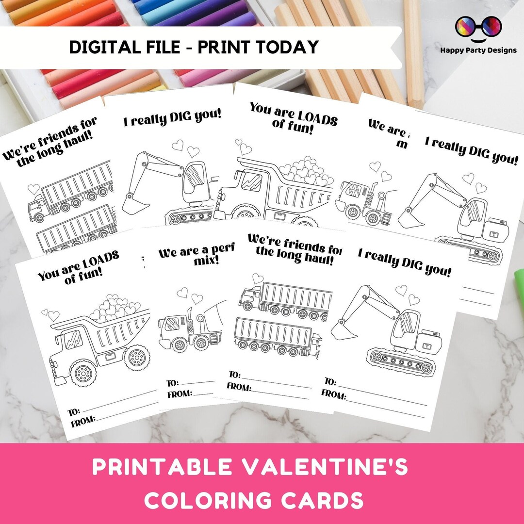 Valentines Printable Coloring Cards INSTANT DOWNLOAD| Valentines Trucks ...