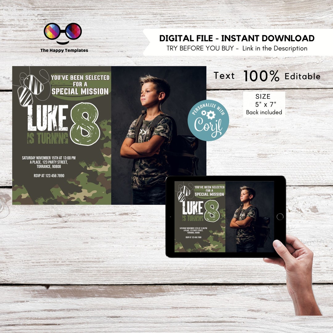 Kids Editable Army Birthday Invitation With Photo | Printable Birthday ...