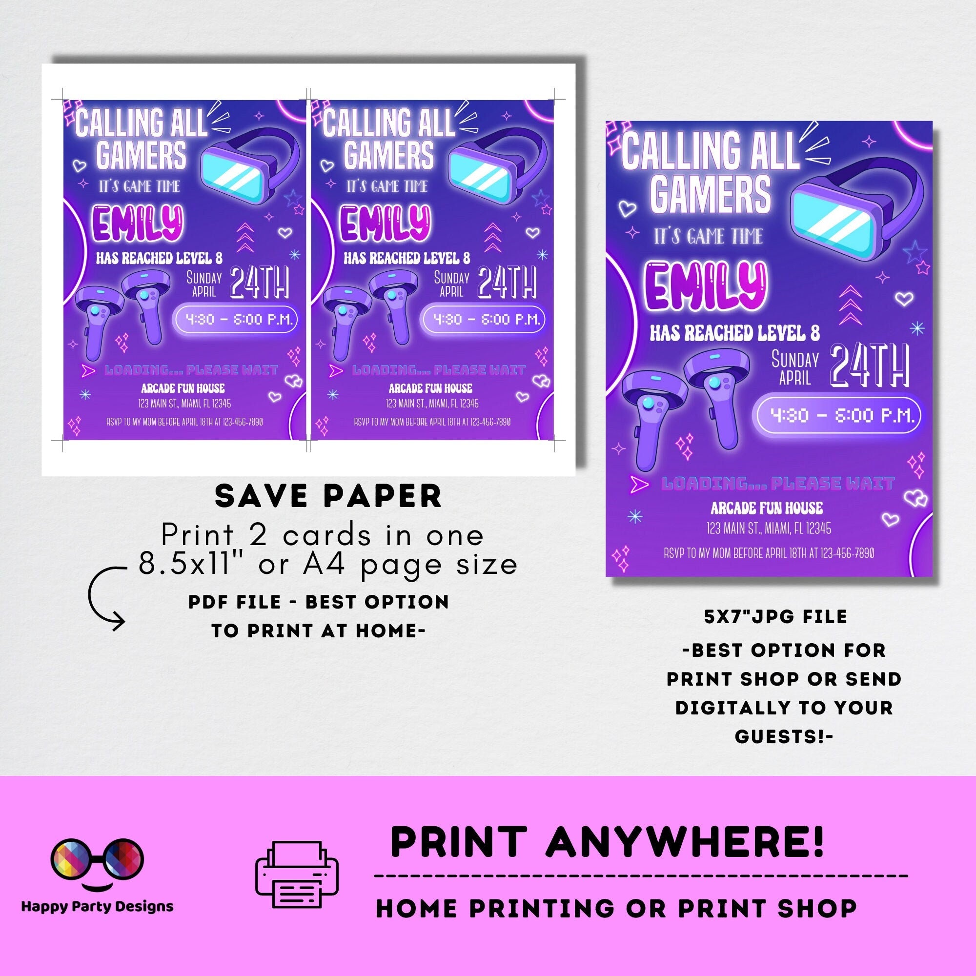 Editable Video Gamer Invitation | Digital Neon Video Gamer Printable ...