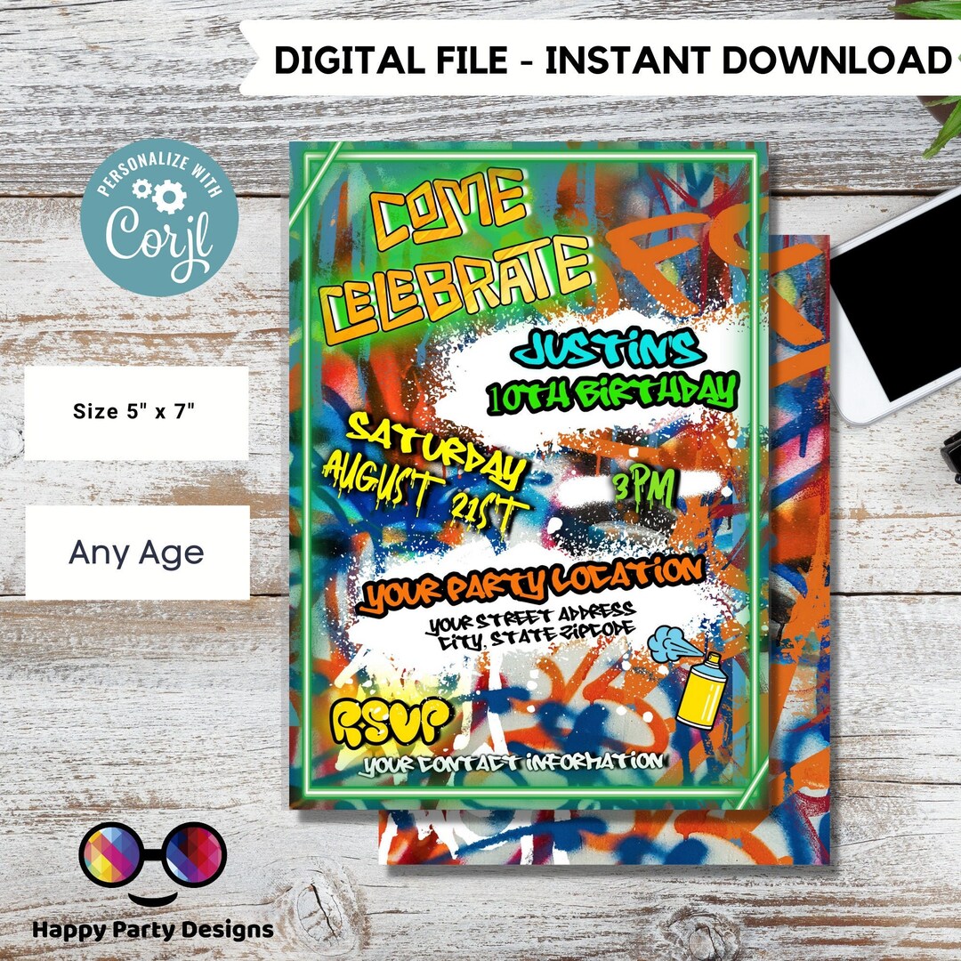 Editable Neon Graffiti Invitation | Digital Graffiti Printable Invite ...