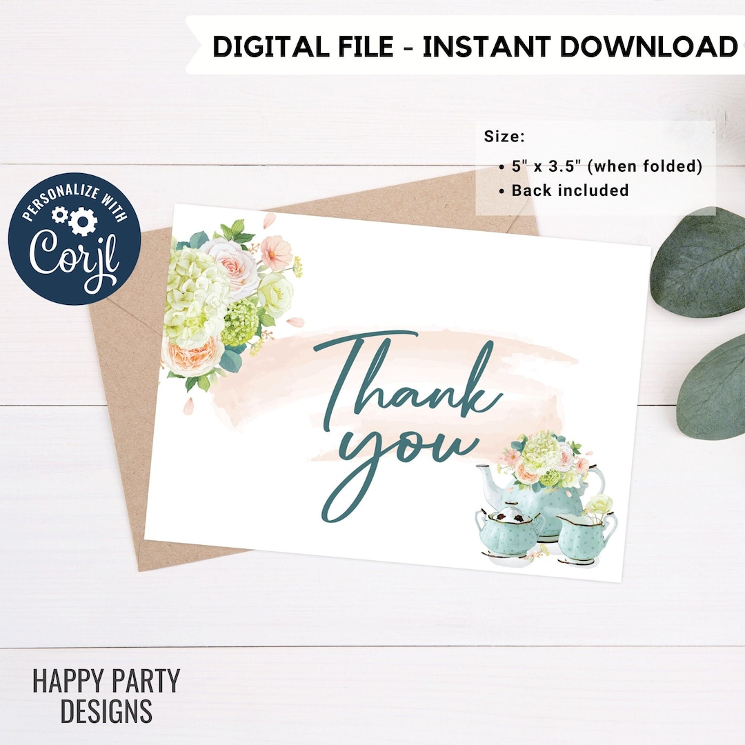 Printable Tea Thank You Card | Bridal Shower | Baby Shower | Folded ...