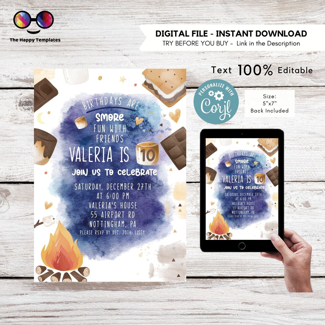 Editable Smore's Party Invitation | Digital Bonfire Birthday Invite ...