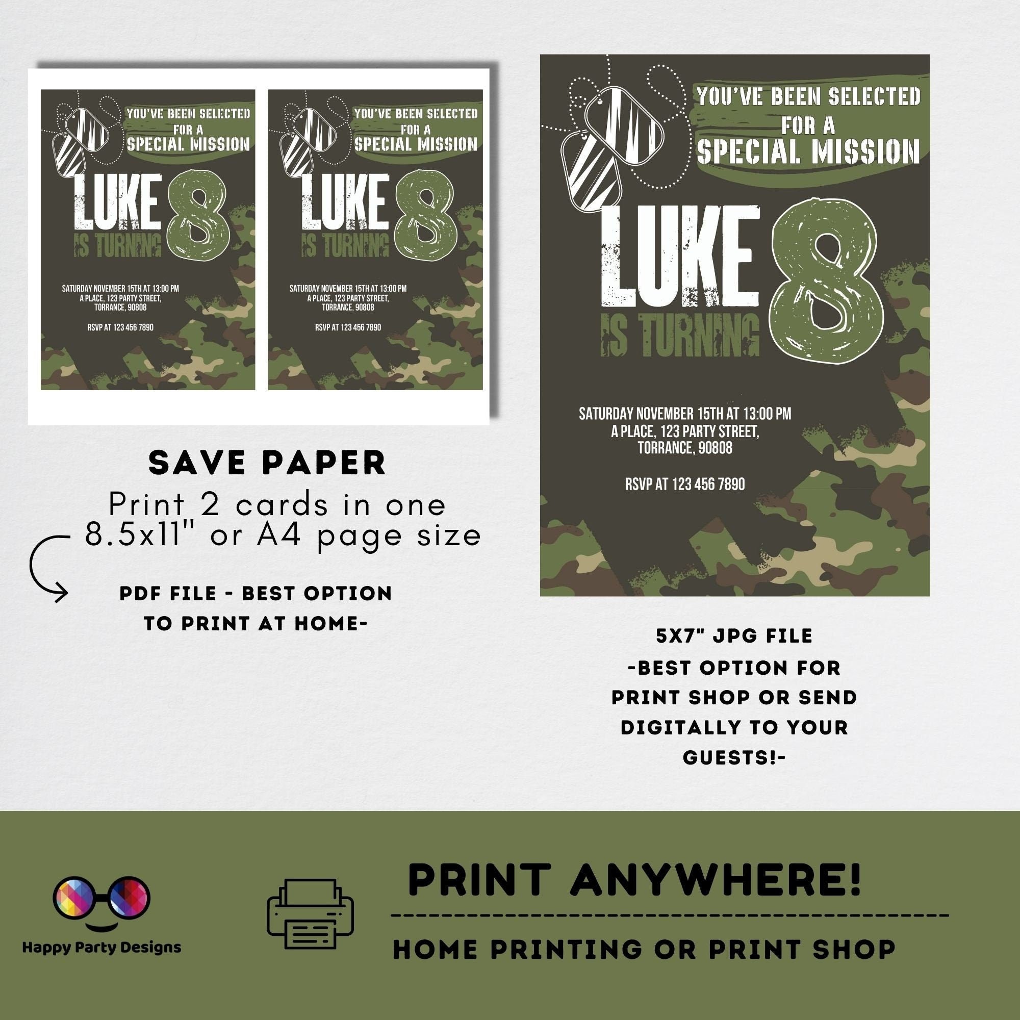 Kids Editable Army Birthday Invitation | Printable Birthday Army Party ...