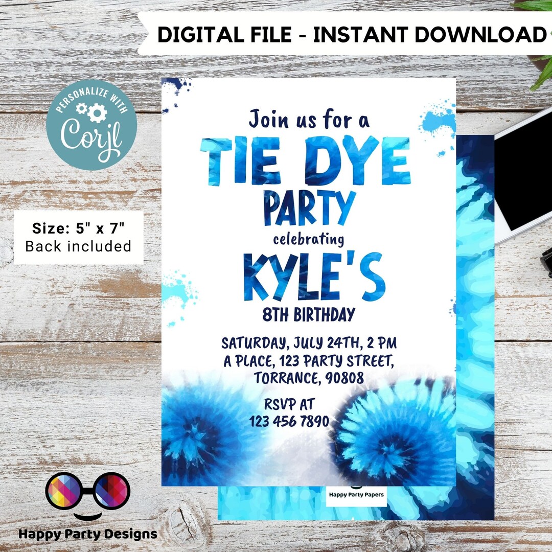 Editable Tie Dye Invitation Instant Download | Blue Tie Dye Birthday ...