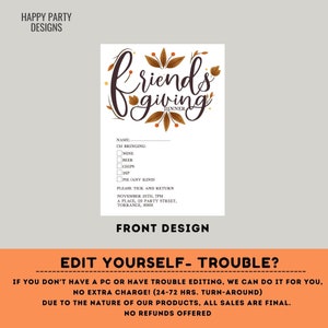Editable Friendsgiving Printable Potluck Sign-up Sheet | Thanksgiving ...