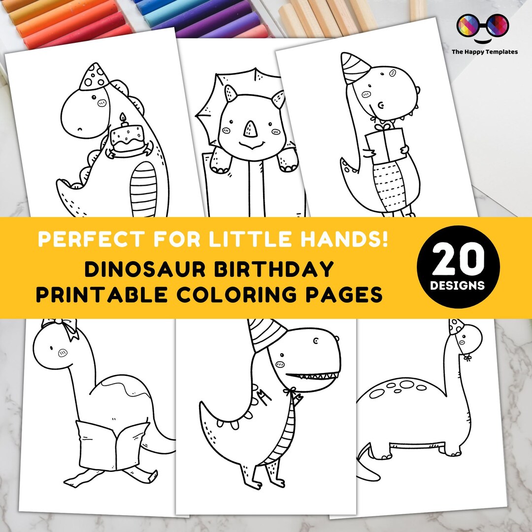 Birthday Dinosaur Printable Coloring Pages | for Kids | Party Hat Dino ...