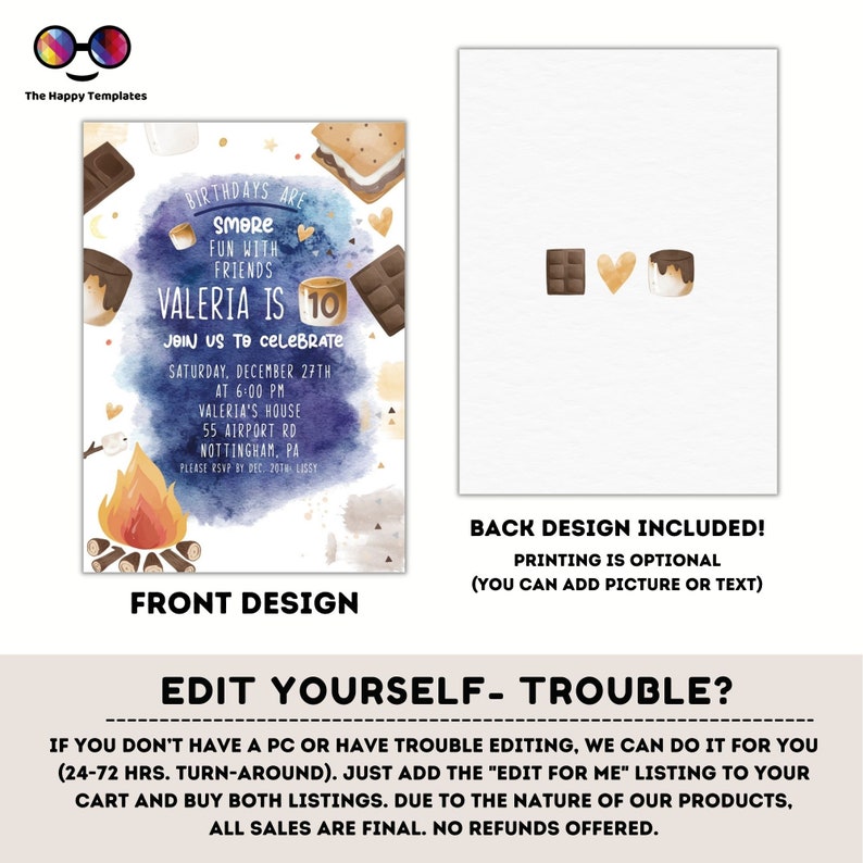 Editable Smore's Party Invitation | Digital Bonfire Birthday Invite ...