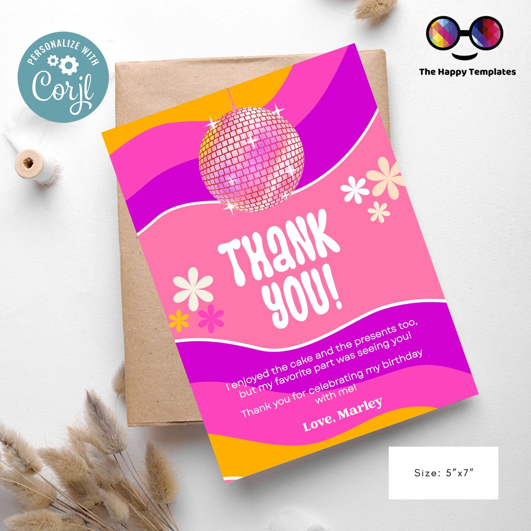 Disco Ball Birthday Thank You Card | Groovy Birthday Party Greeting ...