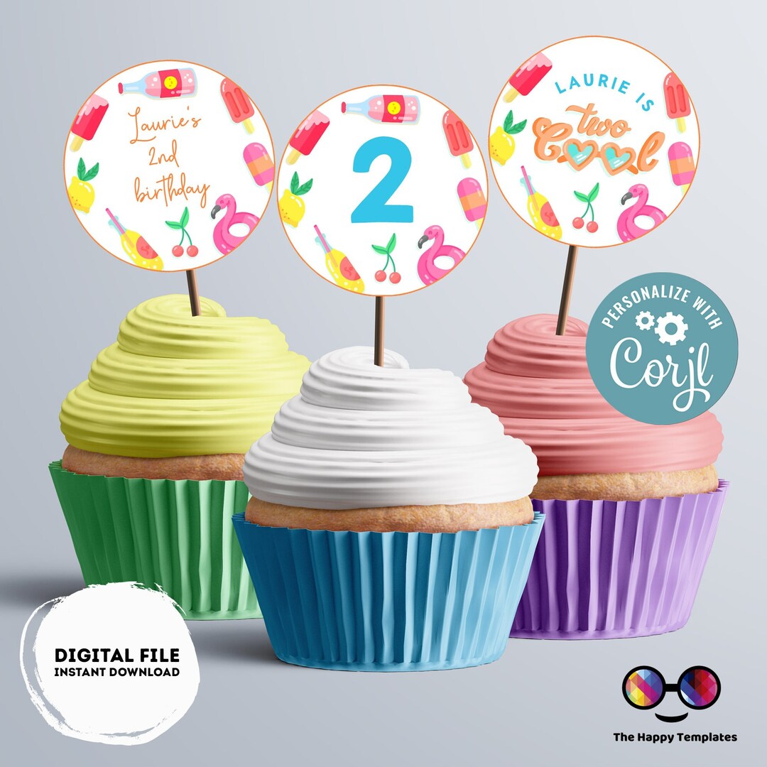 Editable Two Cool Cupcake Toppers | Birthday Girl | Pool Party | Round ...