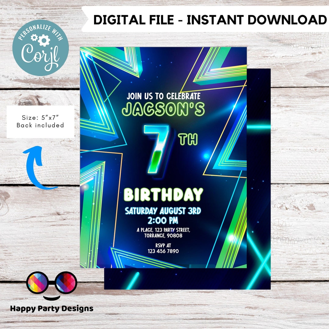 EDITABLE Boy 7th Birthday Invitation | Neon Glow in the Dark Party ...