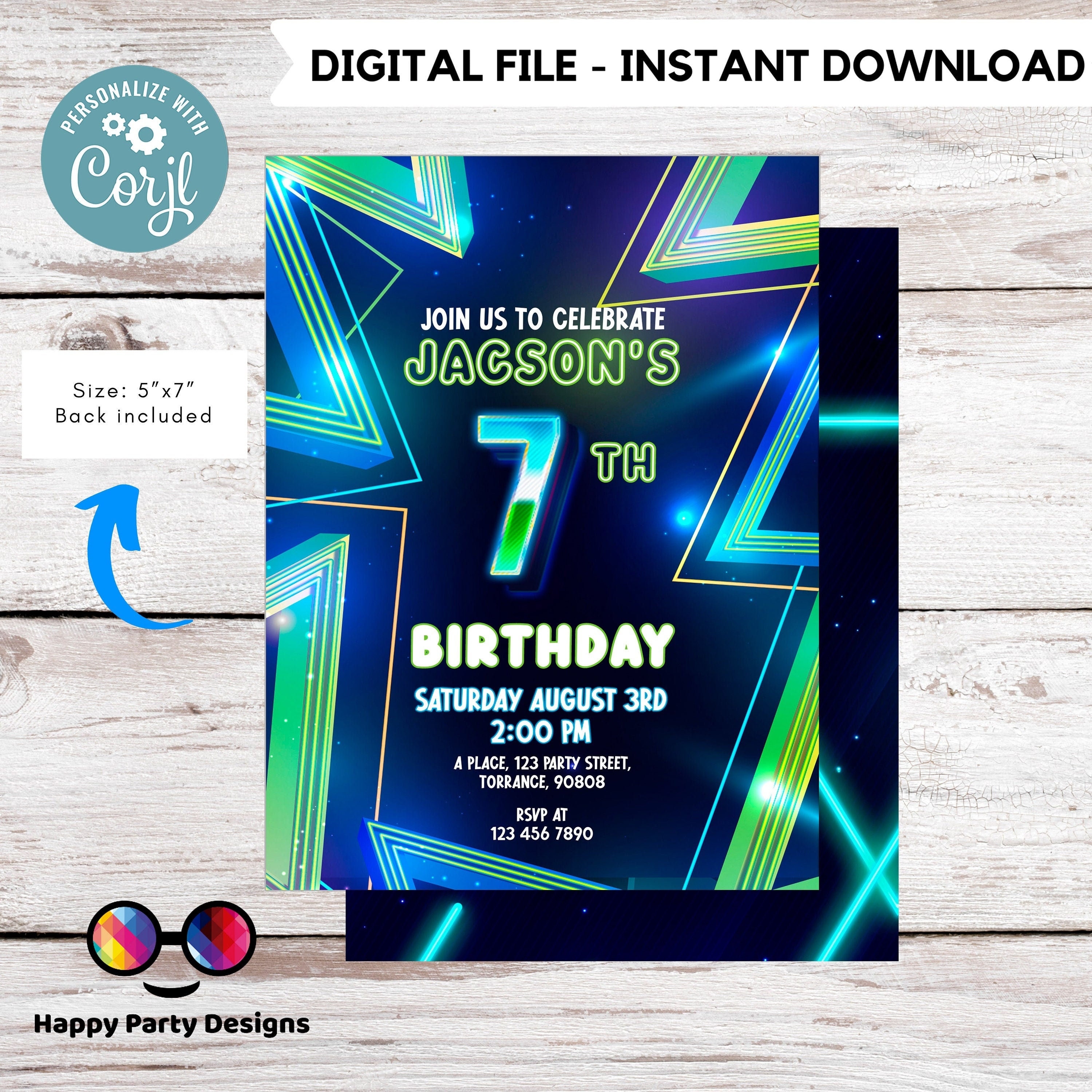 EDITABLE Boy 7th Birthday Invitation Neon Glow in the Dark - Etsy