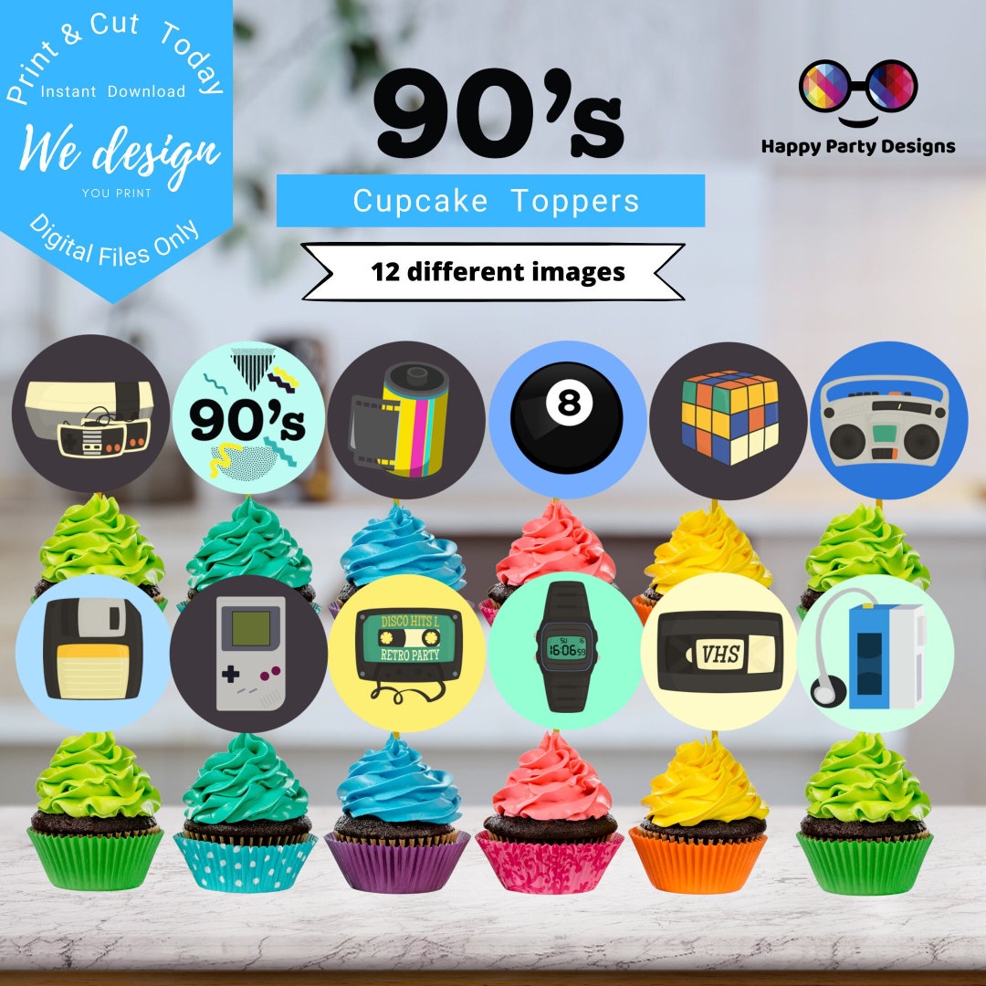 90s Cupcake Toppers Blue | Retro Birthday | Cupcake Toppers | Instant ...