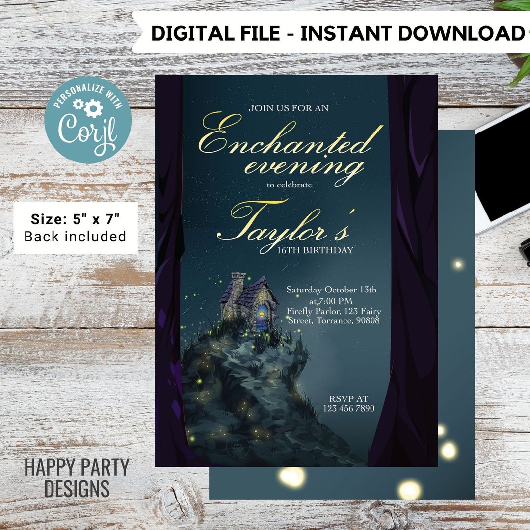 Enchanted Party Invitations | Gold Glitter Invitations | Magical ...