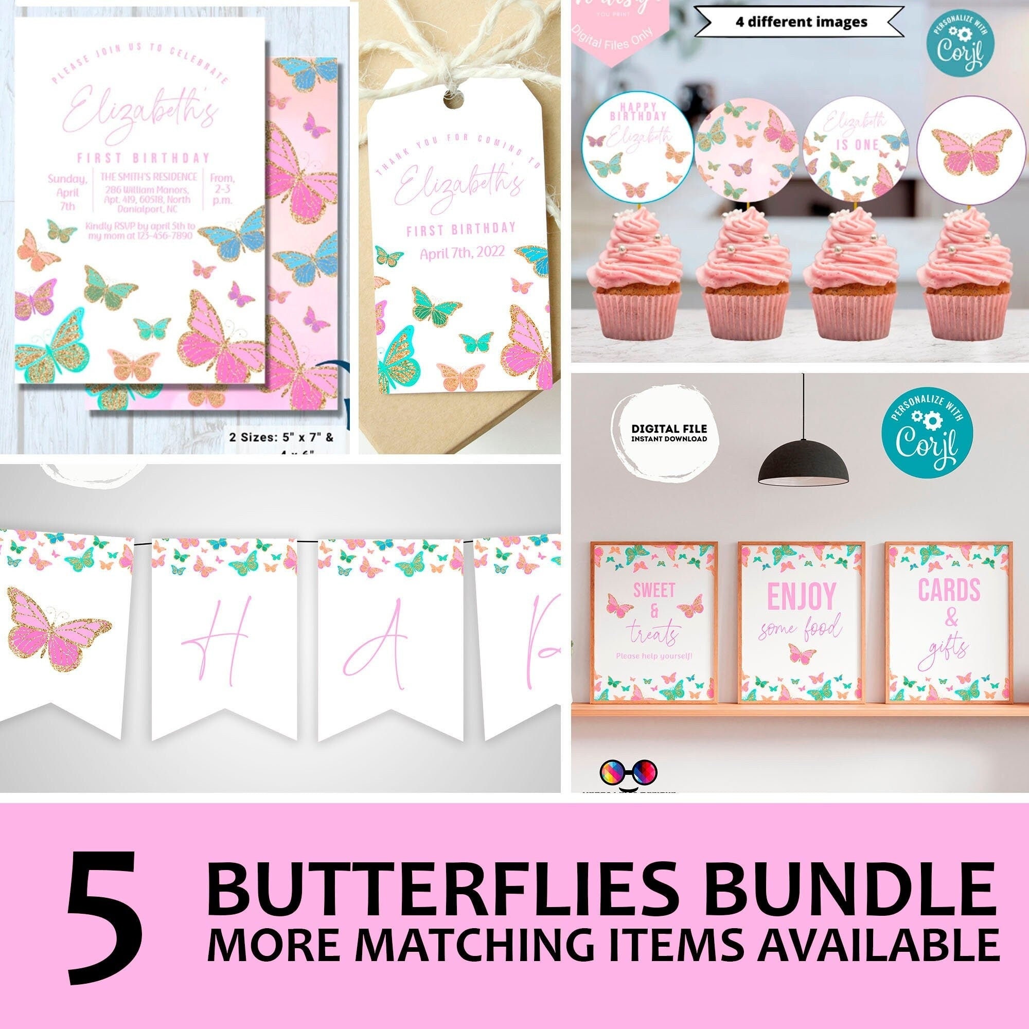 EDITABLE Butterflies Invitation Bundle | Birthday Banner, Cupcake ...