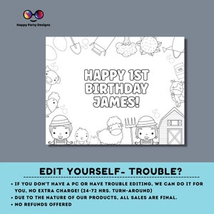 Editable Farm Animals Coloring Page | Farm Birthday Placemat | Any Age ...