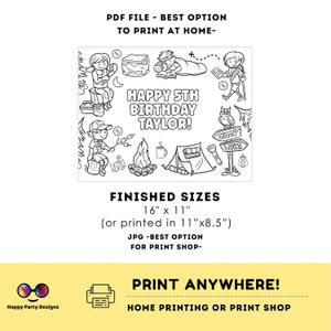 Editable Camping Birthday Coloring Page | Placemat Coloring Page | Any ...