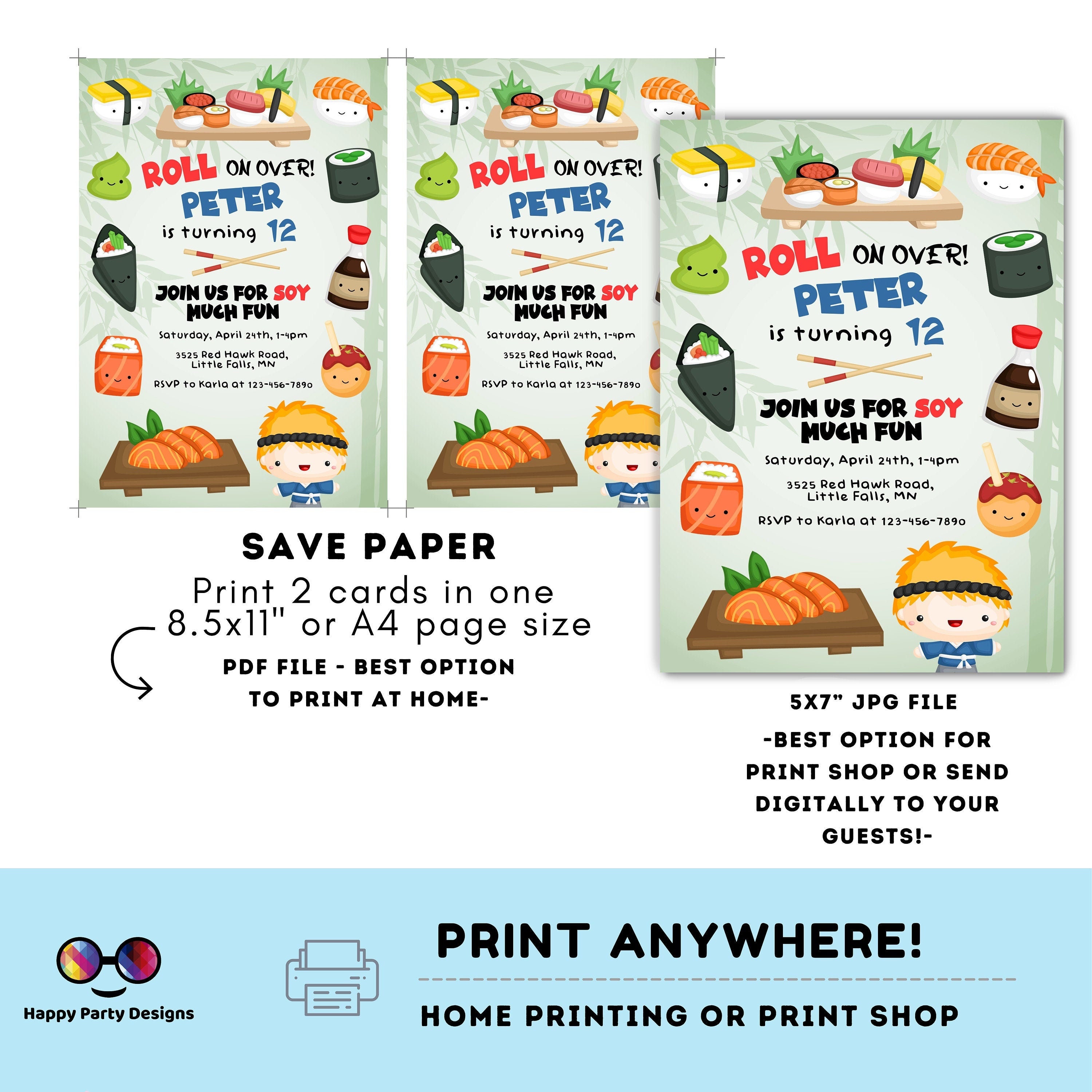 Editable Sushi Birthday Party Invitation Sushi Invitation - Etsy