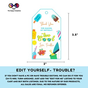 Editable Two Cool Birthday Thank You Gift Tags | Summer Favor Tags ...