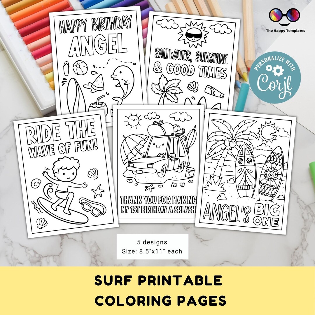 Editable Surfing Coloring Pages 5 | Surf Birthday Activity | Any Age ...