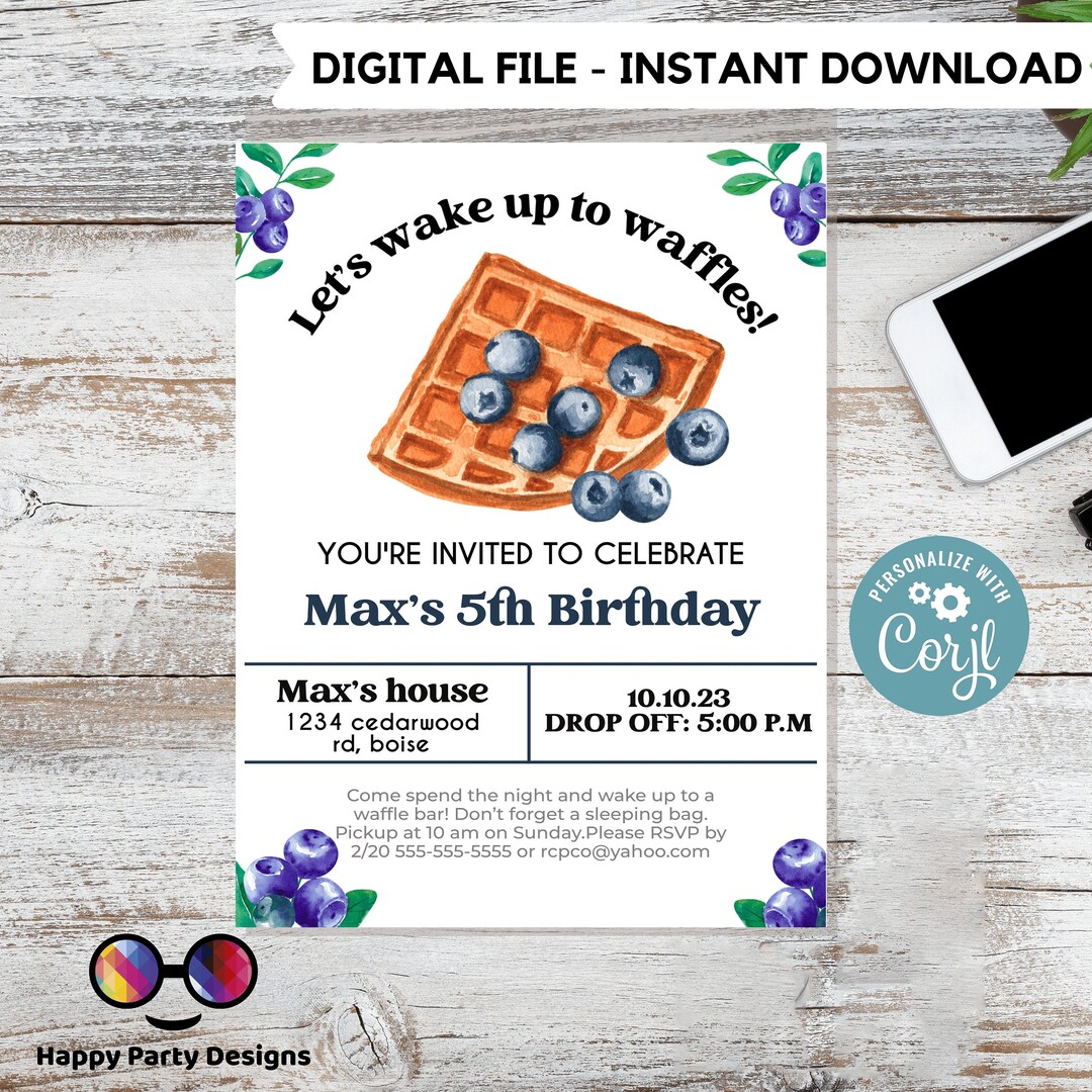 Waffles and Pajamas Party Birthday Invitation | Waffle Party Invite ...