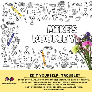 Rookie of the Year Party XL Coloring Table Runner Editable Baseball ...